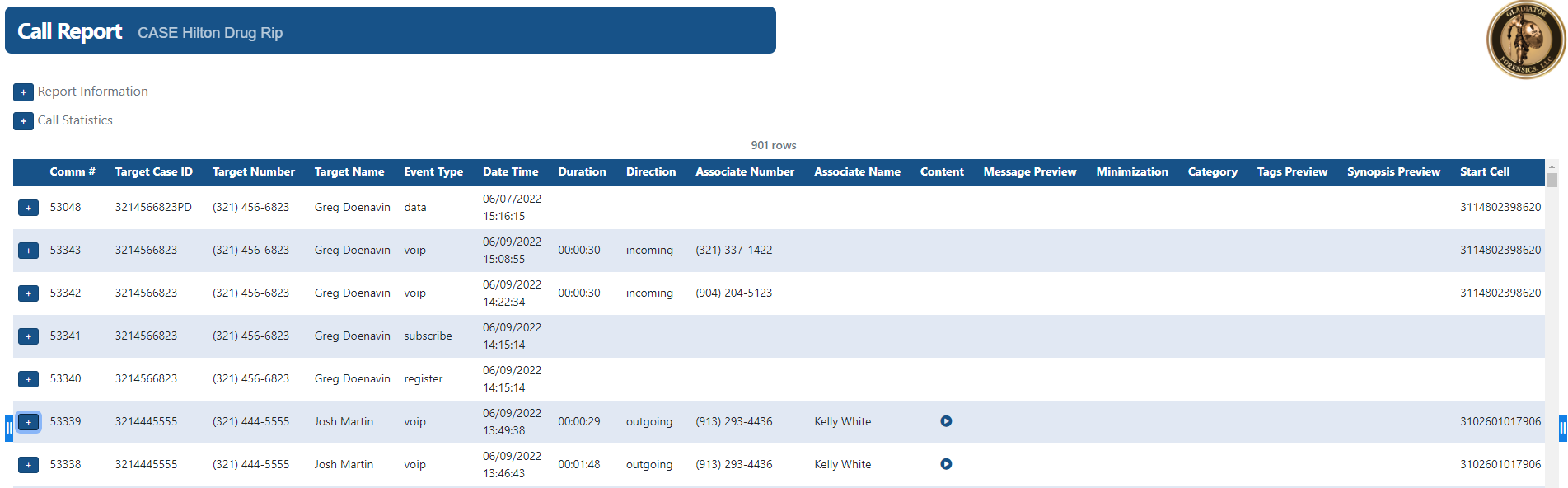 Evidence Management and Reporting screen