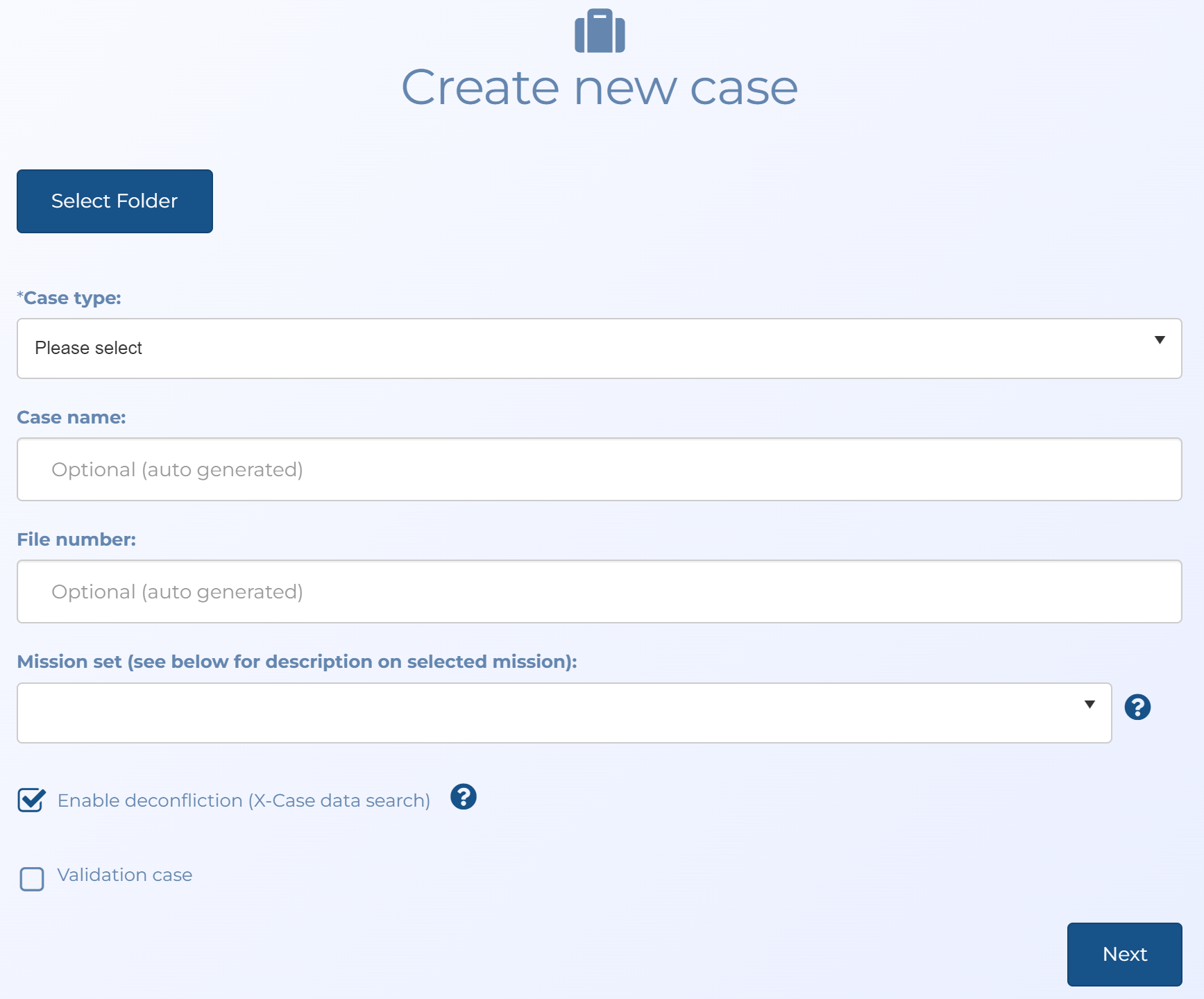 Create new case screen