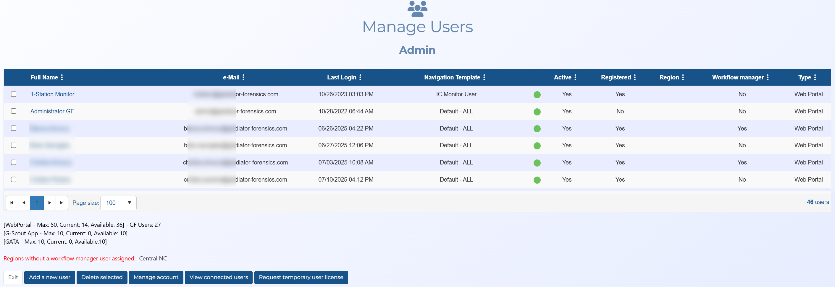 Manage Users screen