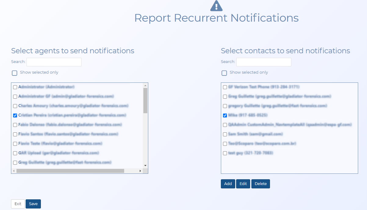 Report Recurrent Notifications screen